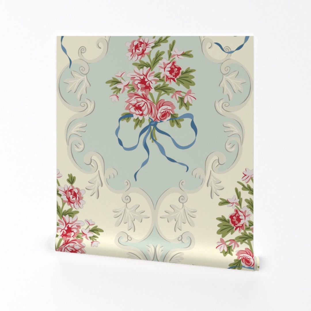 Rococo Wallpaper French Victorian Bows by Trinetollefsen Blue Beige ...