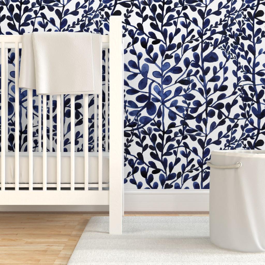 Botanical Wallpaper - Navy Floral Leaves by Marjolein in Wonderland ...