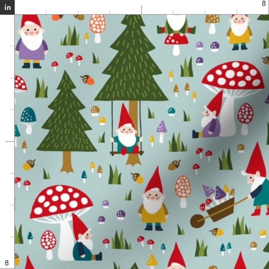 Gnome Fabric Happy Gnomes Playing Between Fungi by Heleen Vd | Etsy