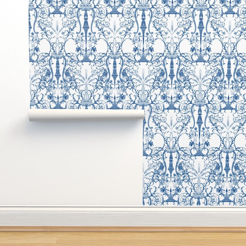 Damask Wallpaper Bedroom White Blue by Peacoquettedesigns - Etsy