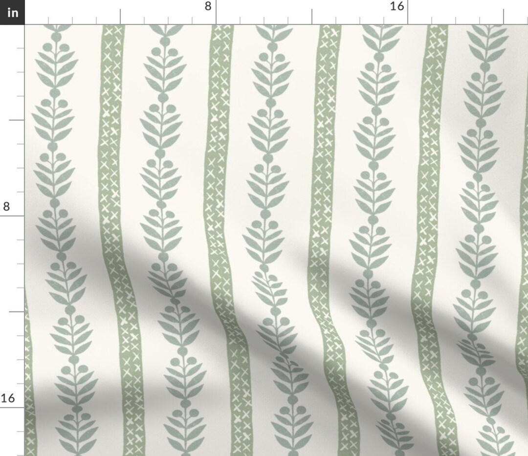 Botanical Stripes Fabric Georgiana Stripe by Danika_herrick Green Blue Cream Floral Block Print ...