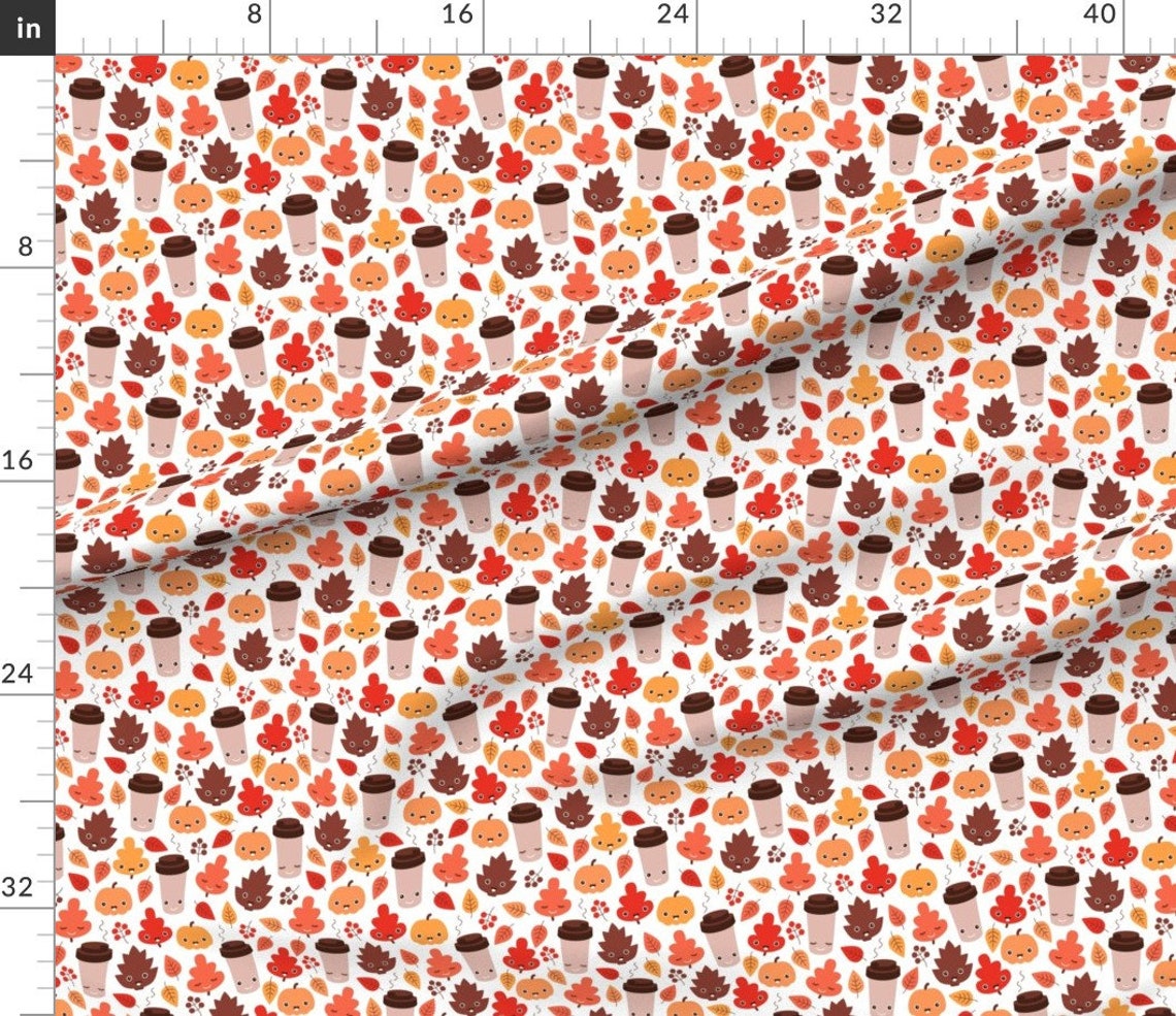 Fall Coffee Fabric Kawaii Autumn Leaves and Pumpkin Spice - Etsy