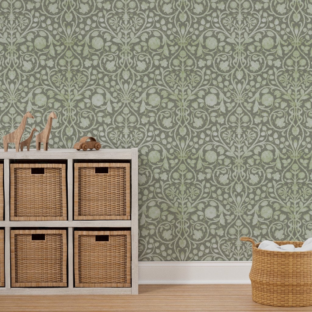 French Wallpaper Provence in Spring Green and Storm by - Etsy