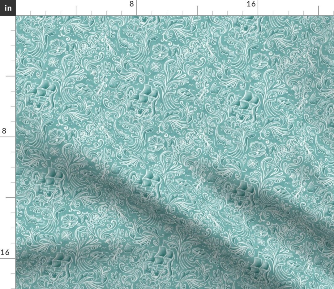 Aqua Pirate Rococo Fabric Row Row Yo Ho Rococo by Makemerriness Teal ...