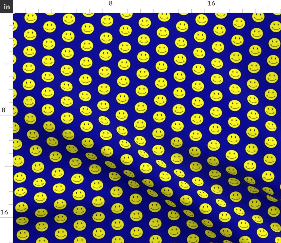 Blue Smiley Fabric Bright Yellow Basic Smiley Blue Small by - Etsy