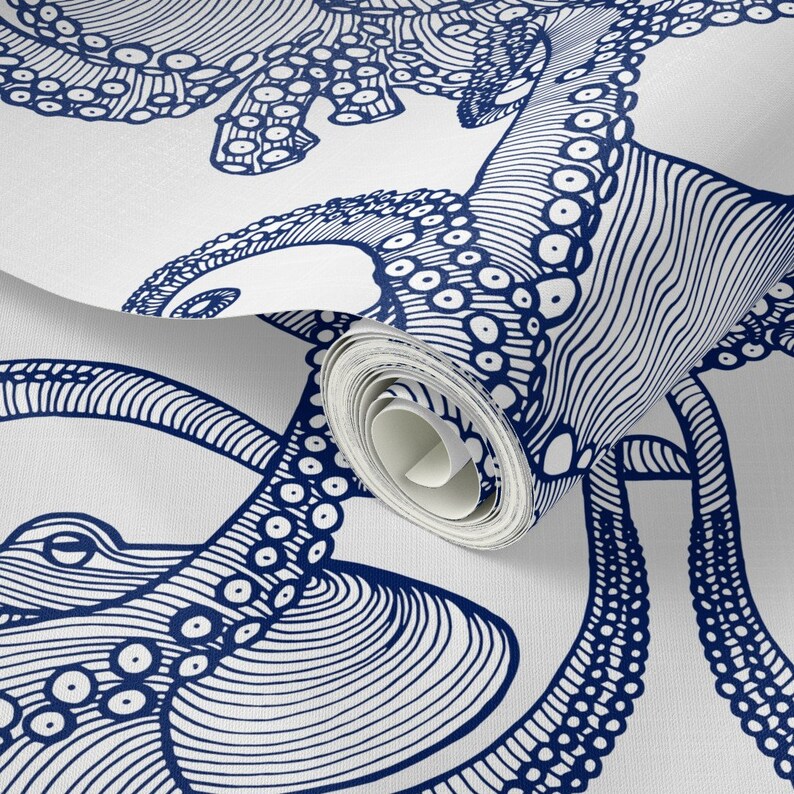 Cephalopod Wallpaper Giant Octopi Navy White by Patricia - Etsy