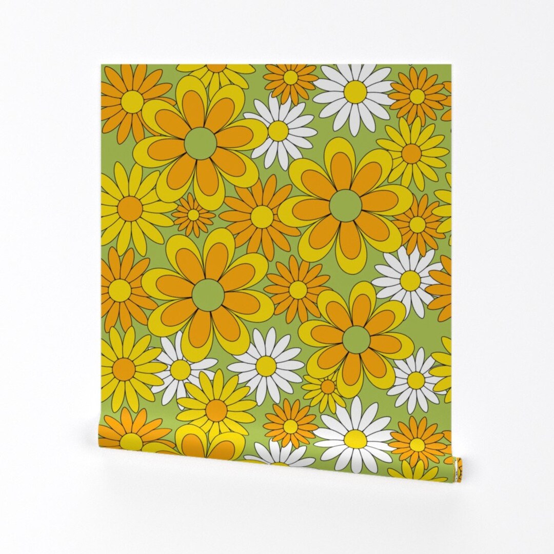 Retro Floral Wallpaper Flower Power by Emily_retro 70s Yellow Orange ...