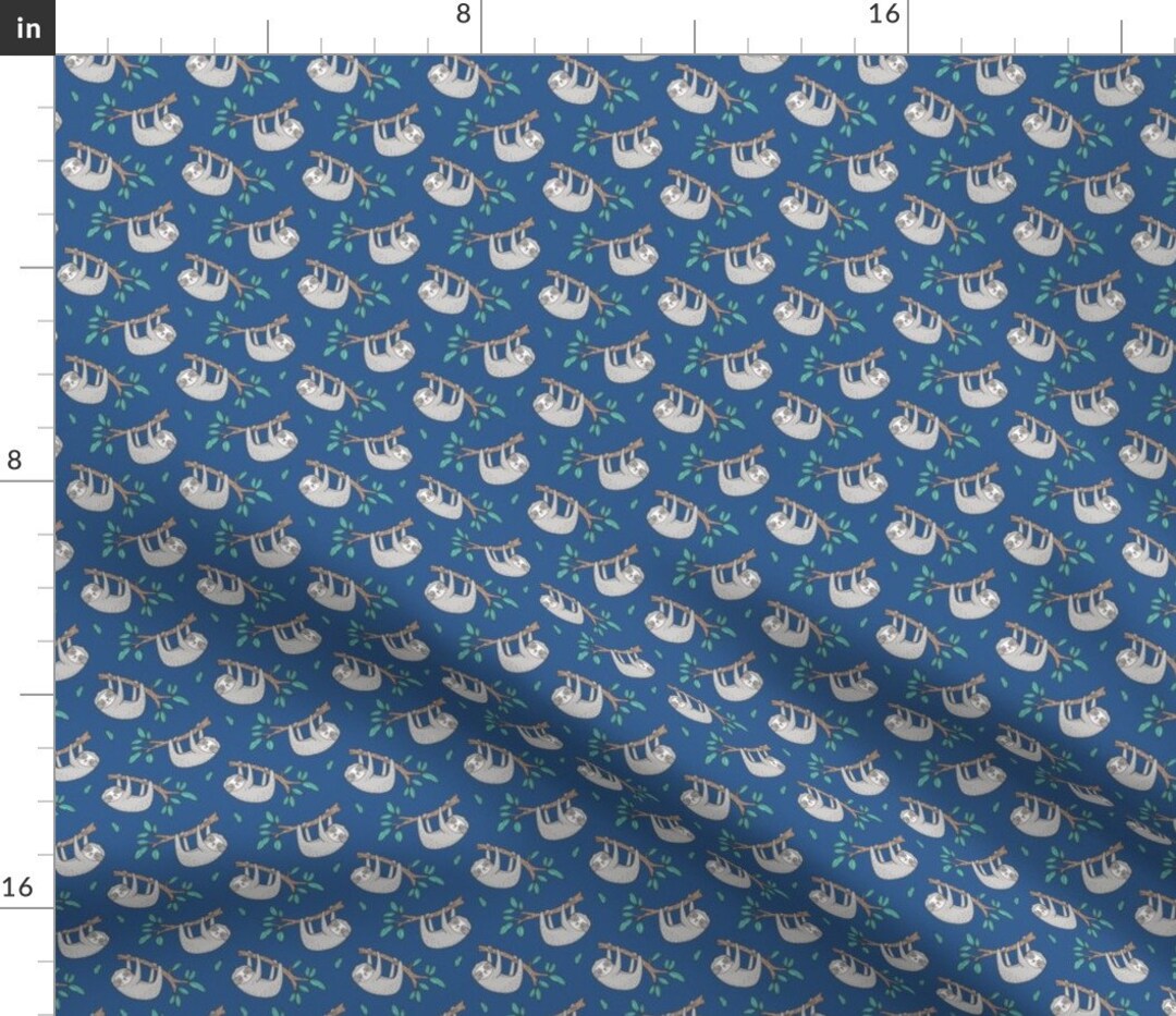 Sloth Fabric Sloth Sloths on Tree Branch With Leaves on Blue Smaller by ...