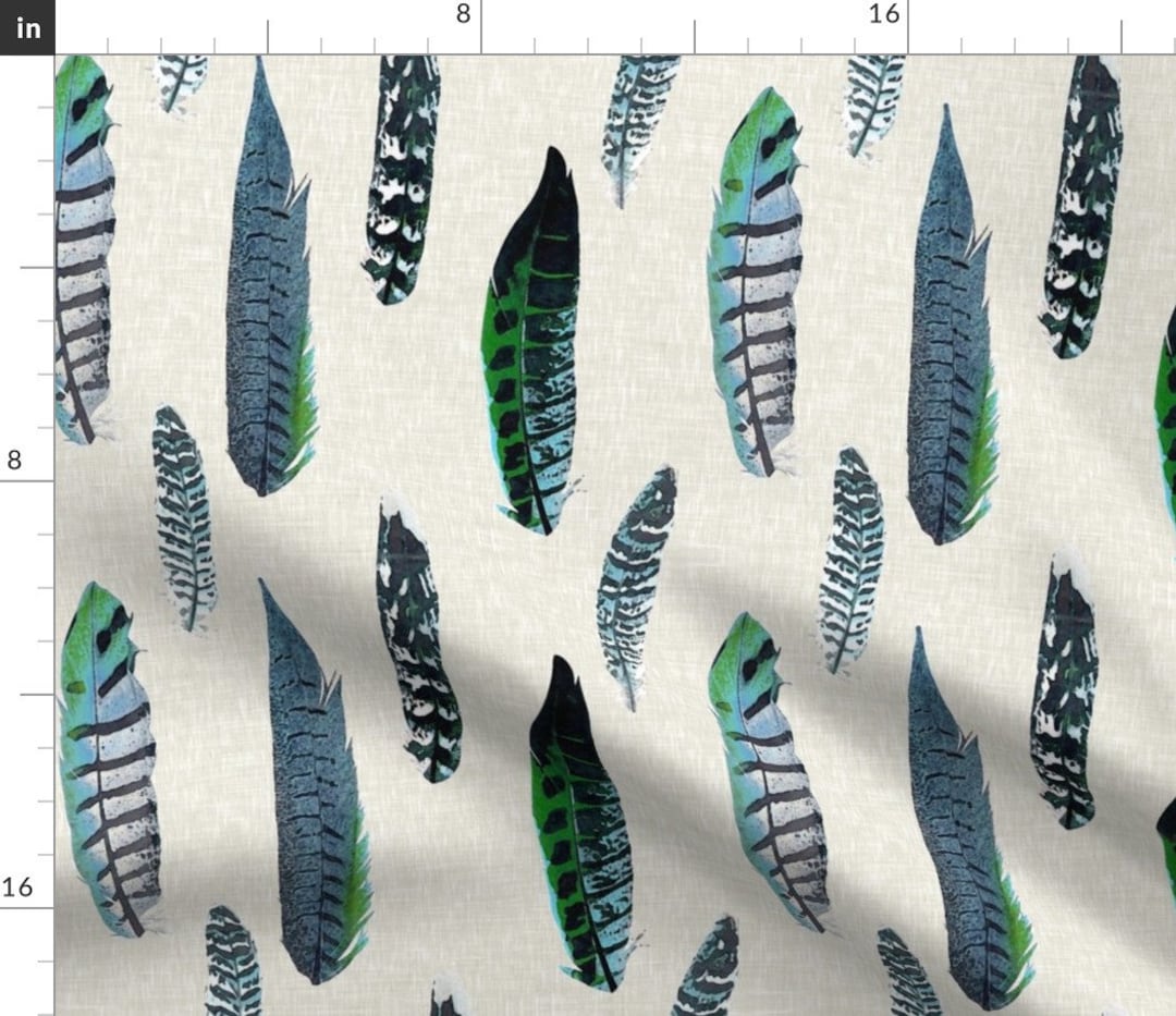 Boho Blue Feathers Fabric Luxe Feathers in Shades of Blue and Green by ...