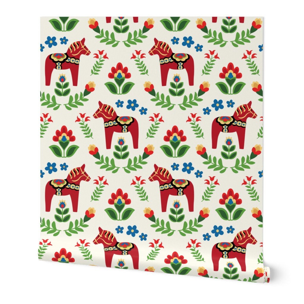 Dala Horse Wallpaper Swedish Folk Dala Horses Red Large by - Etsy