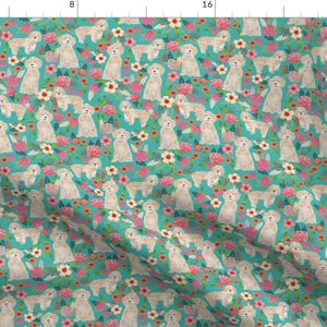 Cockapoo Fabric - Cockapoo Florals Cream White Dog - Turquoise by ...