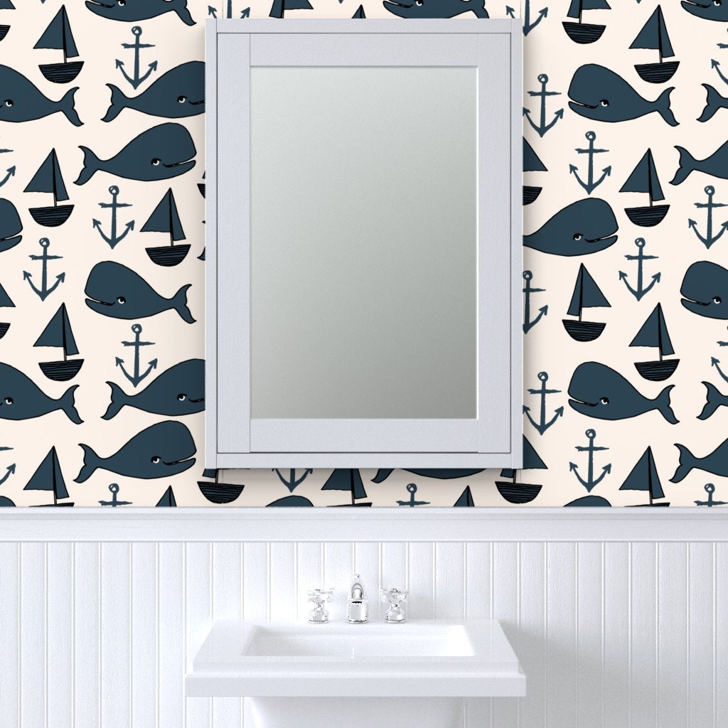 Nautical Whales Wallpaper Dark Navy Blue and Cream by Andrea | Etsy