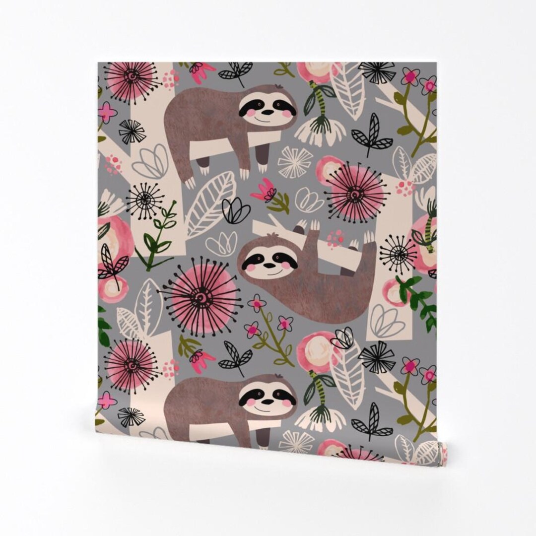 Sloths Wallpaper - Lovable Sloths Large by Sarah Treu - Pink Floral ...