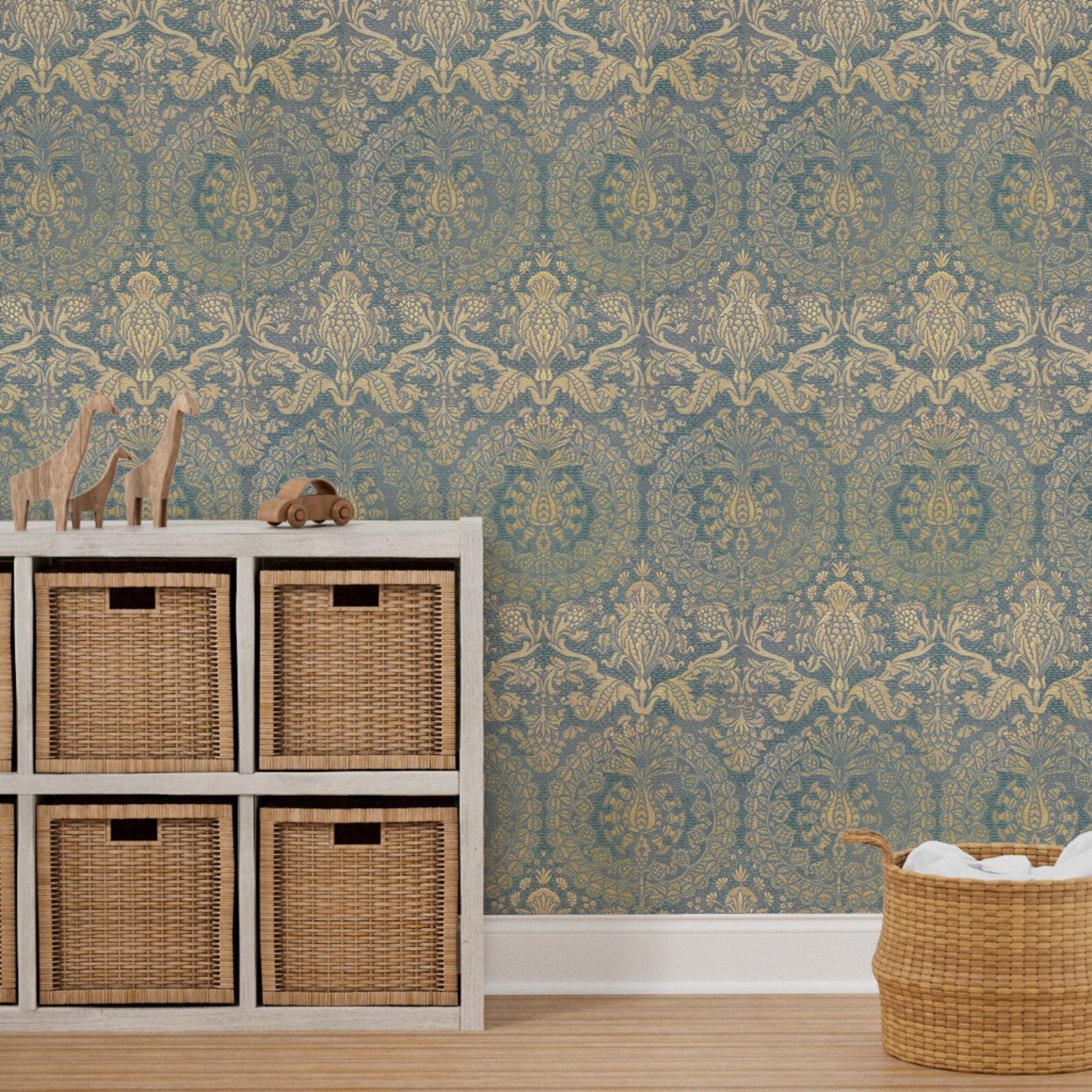 Damask Wallpaper Provencal Blue and Gold Large by - Etsy