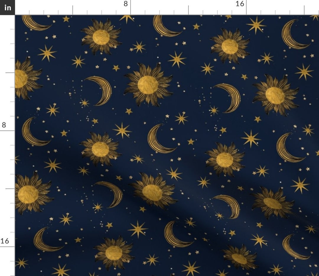 Night Sky Fabric Golden Celestial by Bronwyn_becks Blue Yellow Sun Moon ...