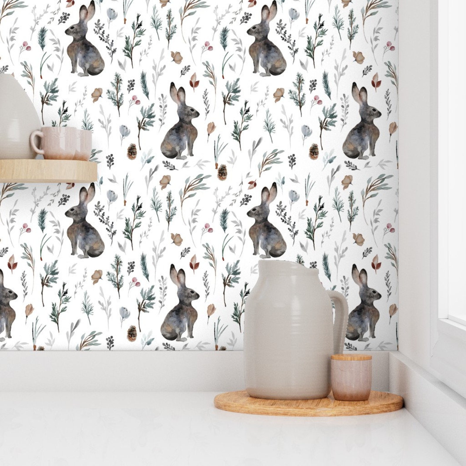 Nursery Wallpaper Woodland Bunnies by Hipkiddesigns White - Etsy