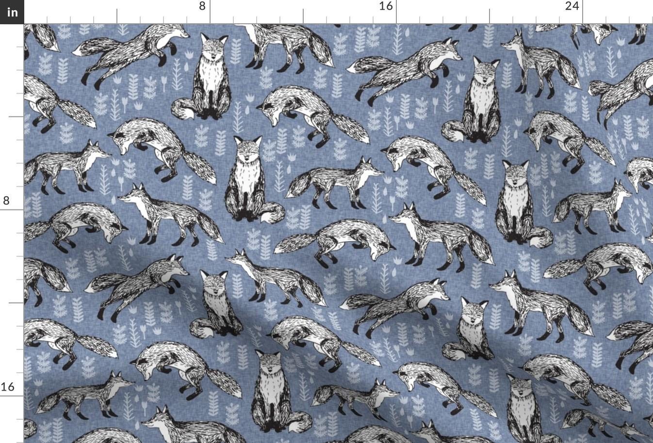 Woodland Fox Fabric - Foxes - Blue With Linen Look by Andrea Lauren ...