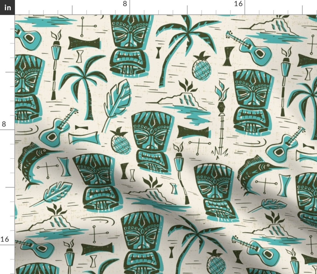 Island Fabric Tropical Tiki Cream Aqua by Heatherdutton - Etsy