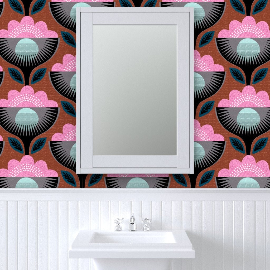 Mod Flowers Wallpaper Mod Deco Flower by Ottomanbrim Rust | Etsy