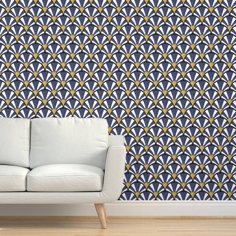 Scallop Pattern Wallpaper Navy Gold White by Suzzincolour - Etsy