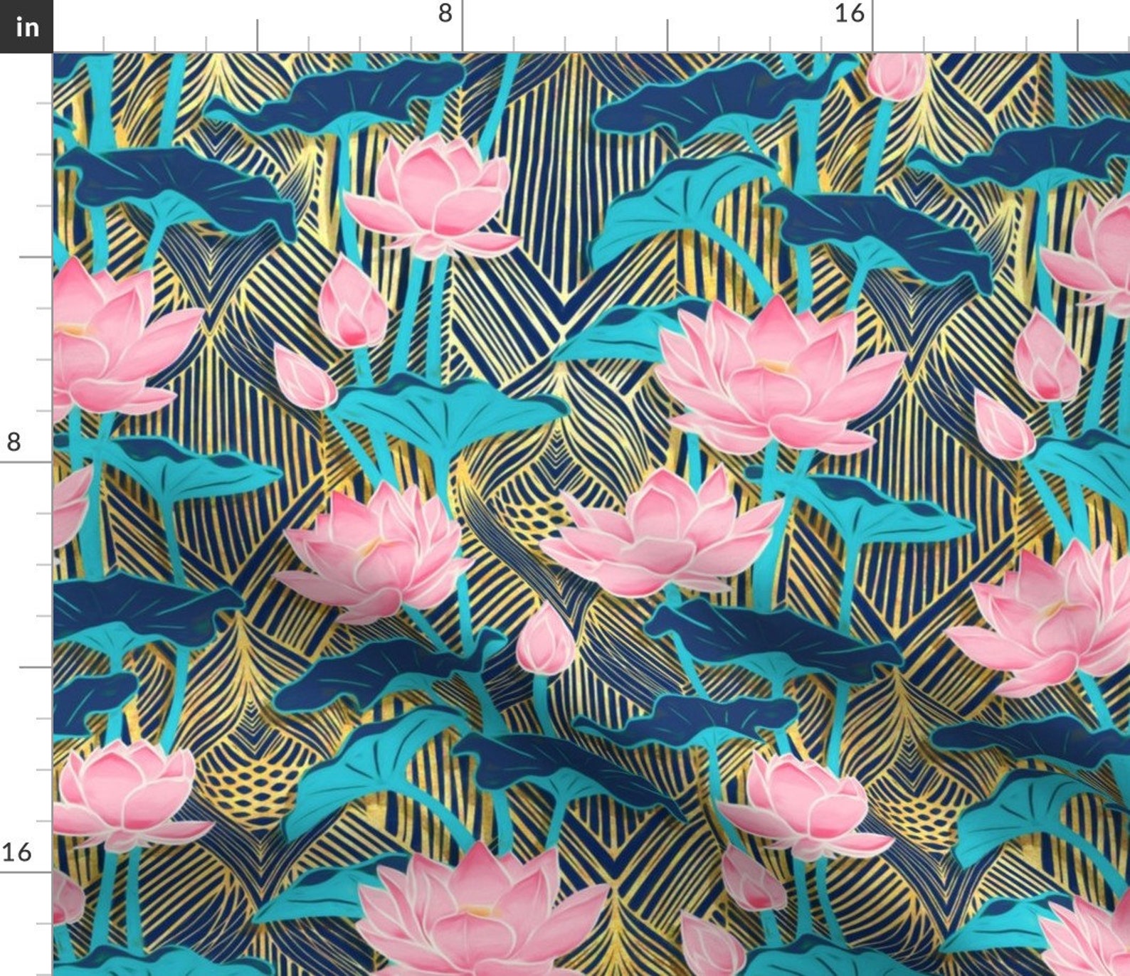Lotus Fabric Art Deco Lotus Flowers in Pink Navy by Micklyn | Etsy