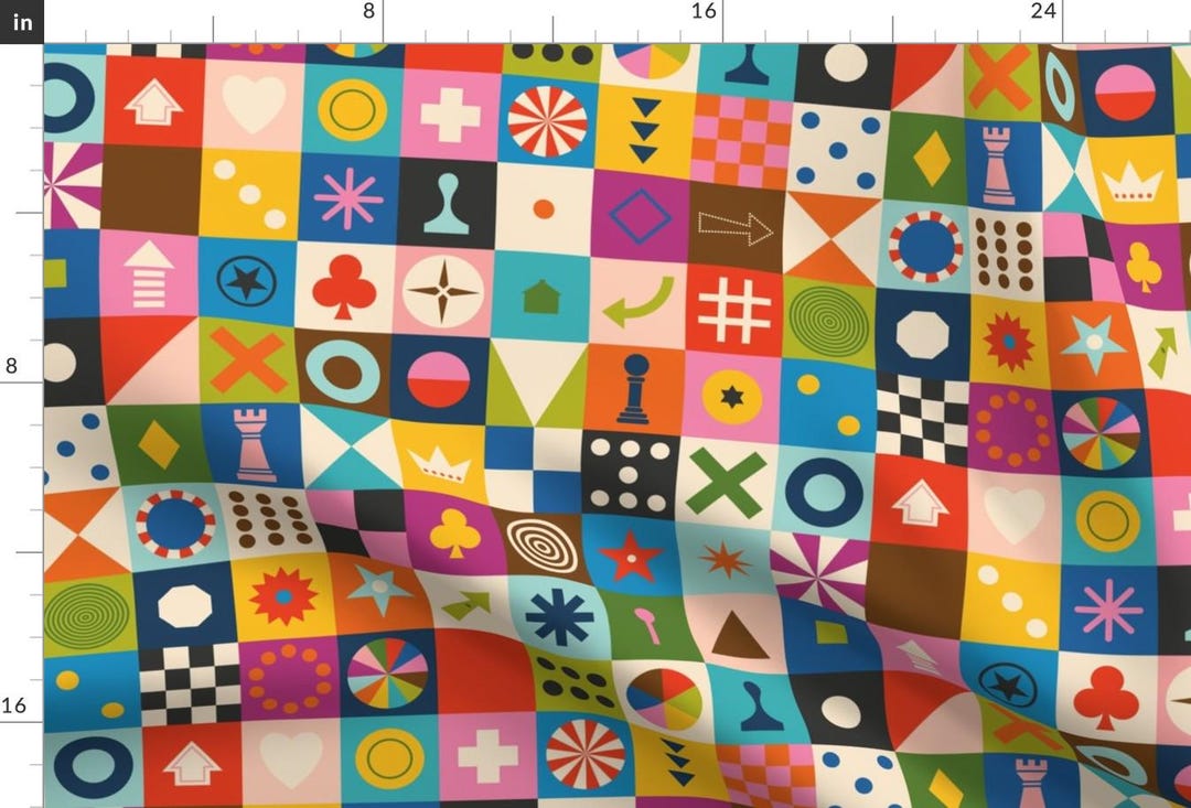 Game Night Fabric - Game Cupboard by Katerhees - Colorful Checkered ...