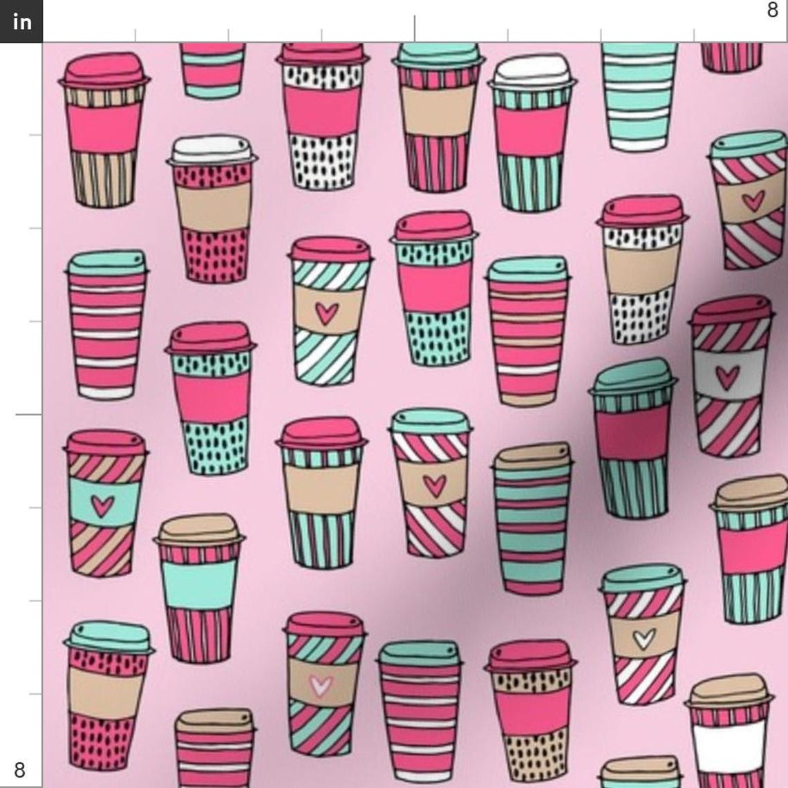 Coffee Fabric - Coffee // Coffee Cafe Latte Fabric Pink and Mint Coffee ...