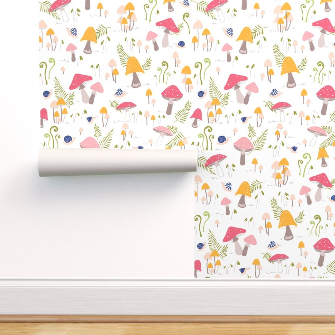 Mushrooms Wallapaper Mushroom Forest by Ldpapers Yellow | Etsy