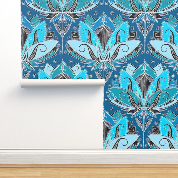 Lotus Wallpaper Art Deco Lotus in Teal Turquoise Black by - Etsy