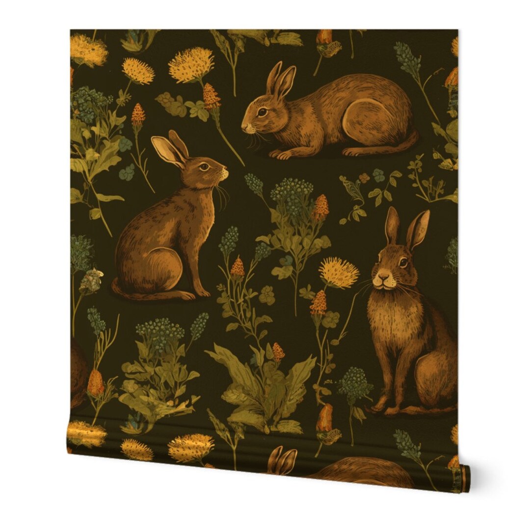 Medieval Rabbit Gold or Silver Metallic Wallpaper - Woodland Bunny Fern ...