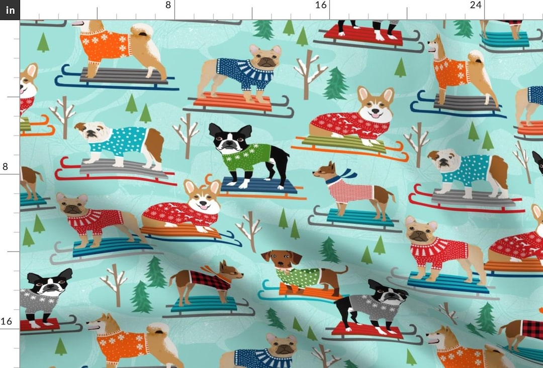 Dog Fabric - Snow Day Dogs Winter Sledding Dogs by Petfriendly - Dogs ...