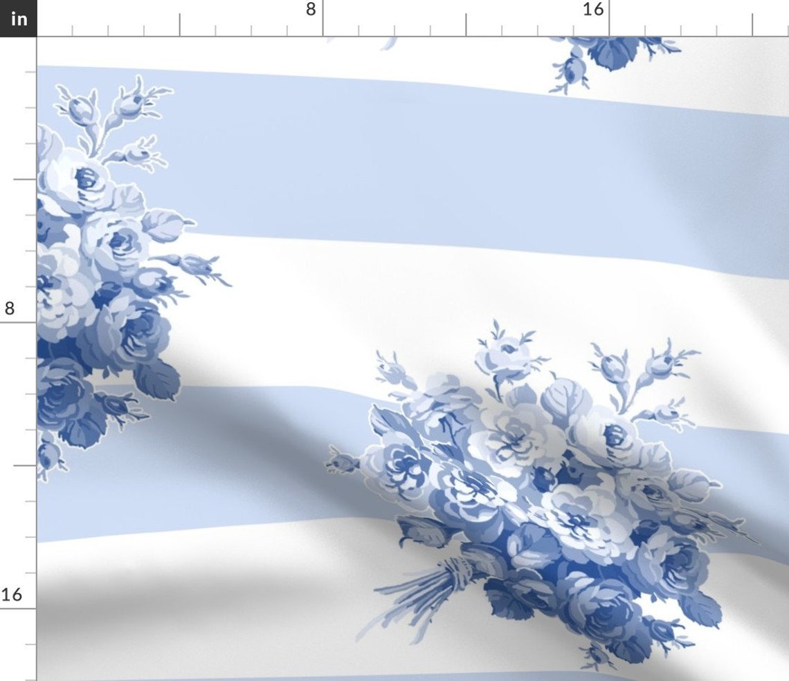 Blue Rose Stripes Fabric Jane' Rose Stripe by Lilyoake - Etsy