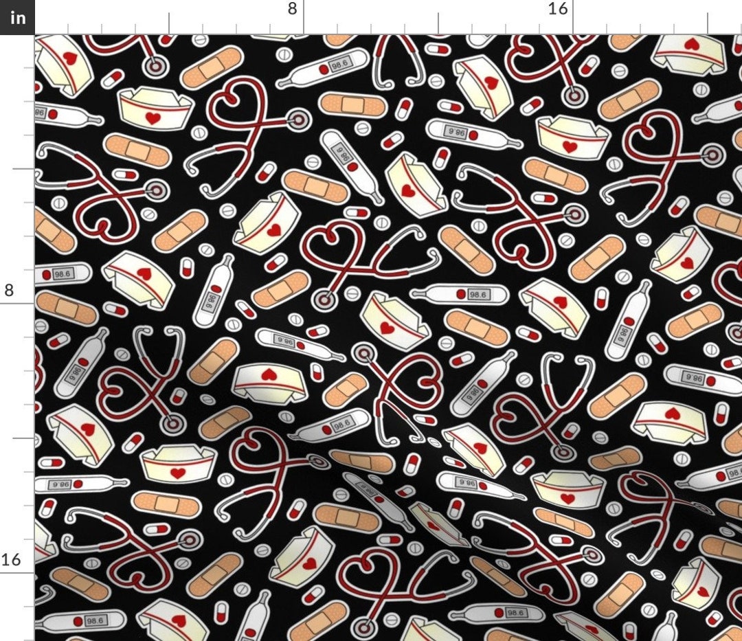 Nurse Fabric Cute Nurse Love Black Red Medium Scale by Jannasalak ...