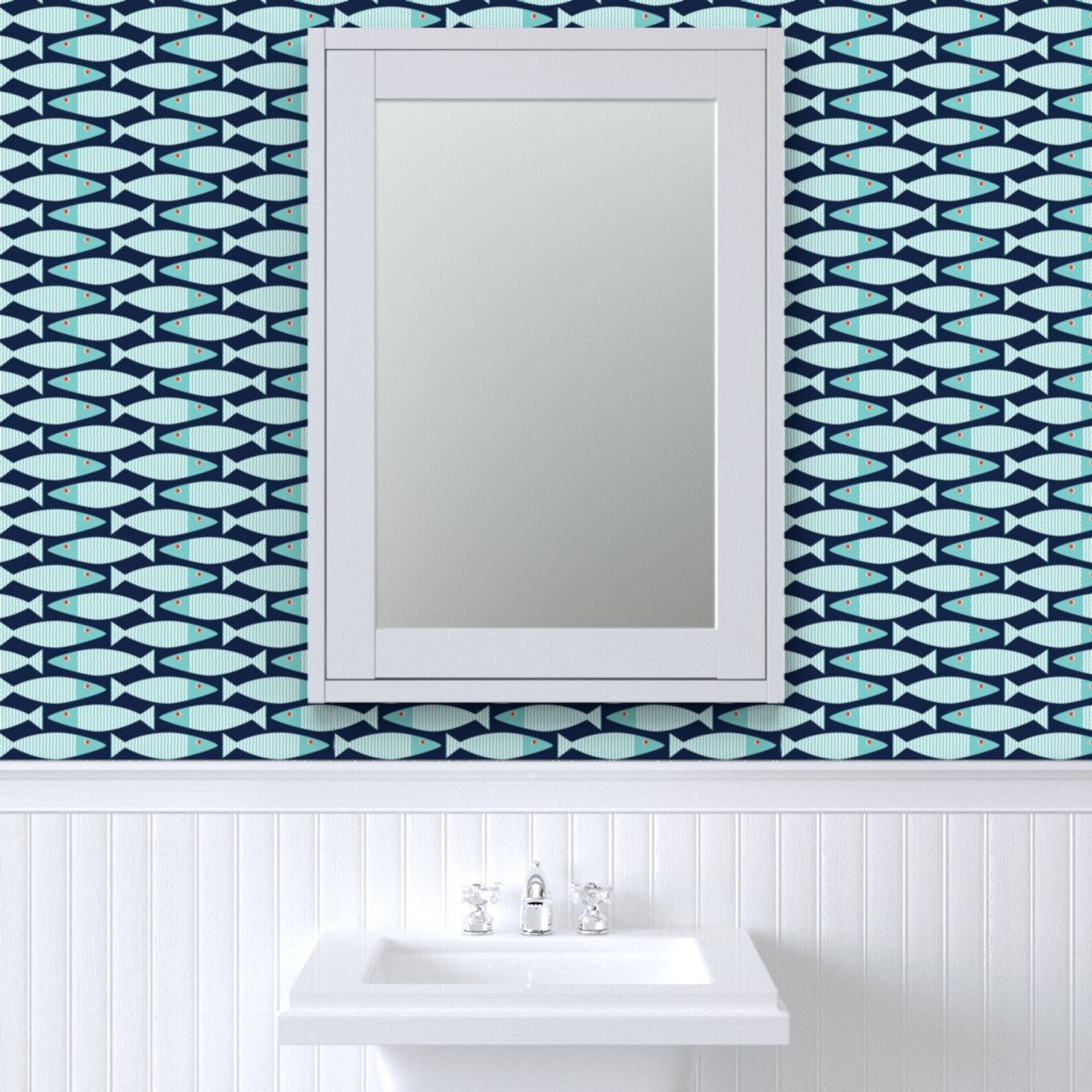 Modern Fish Wallpaper Wavy Bass Indigo Turquoise By | Etsy