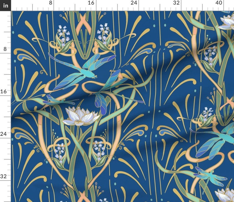 Lotus Flower Fabric Art Nouveau Dragonflies by Southwind - Etsy