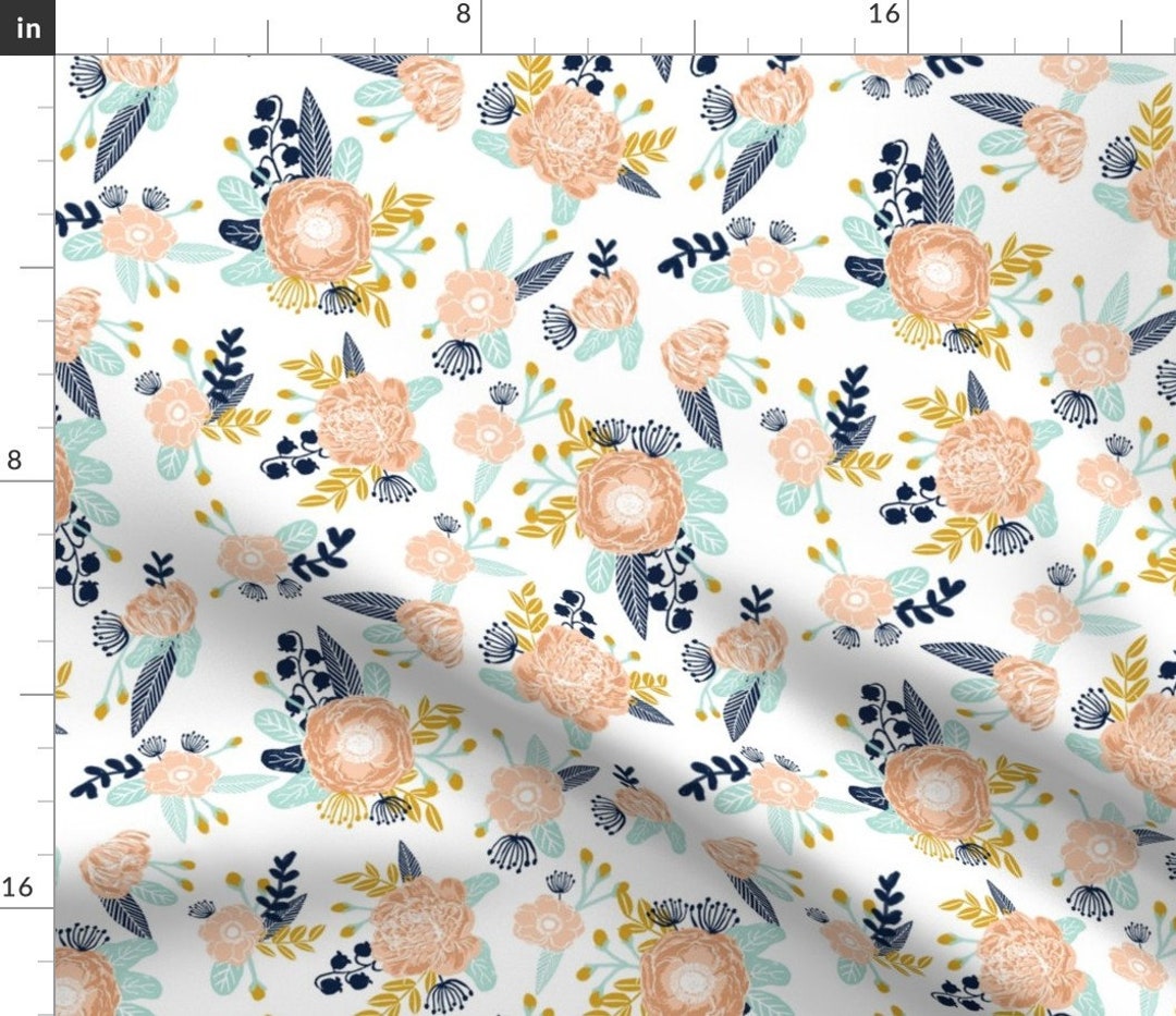 Peachy Florals Fabric Peach Navy Blue Mint Gold Flowers Floral Fabric ...