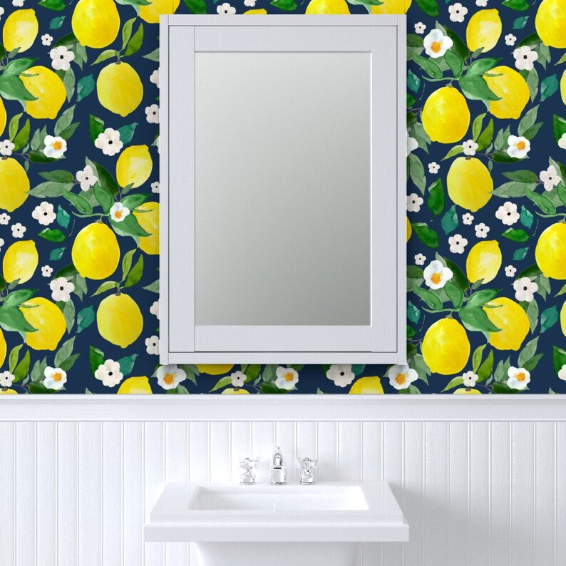 Lemon Wallpaper 8 Lemons Dark Blue Back by Shopcabin - Etsy