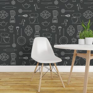 Kitchen Wallpaper - Kitchen Tools (white on Dark Gray) by Johannak ...