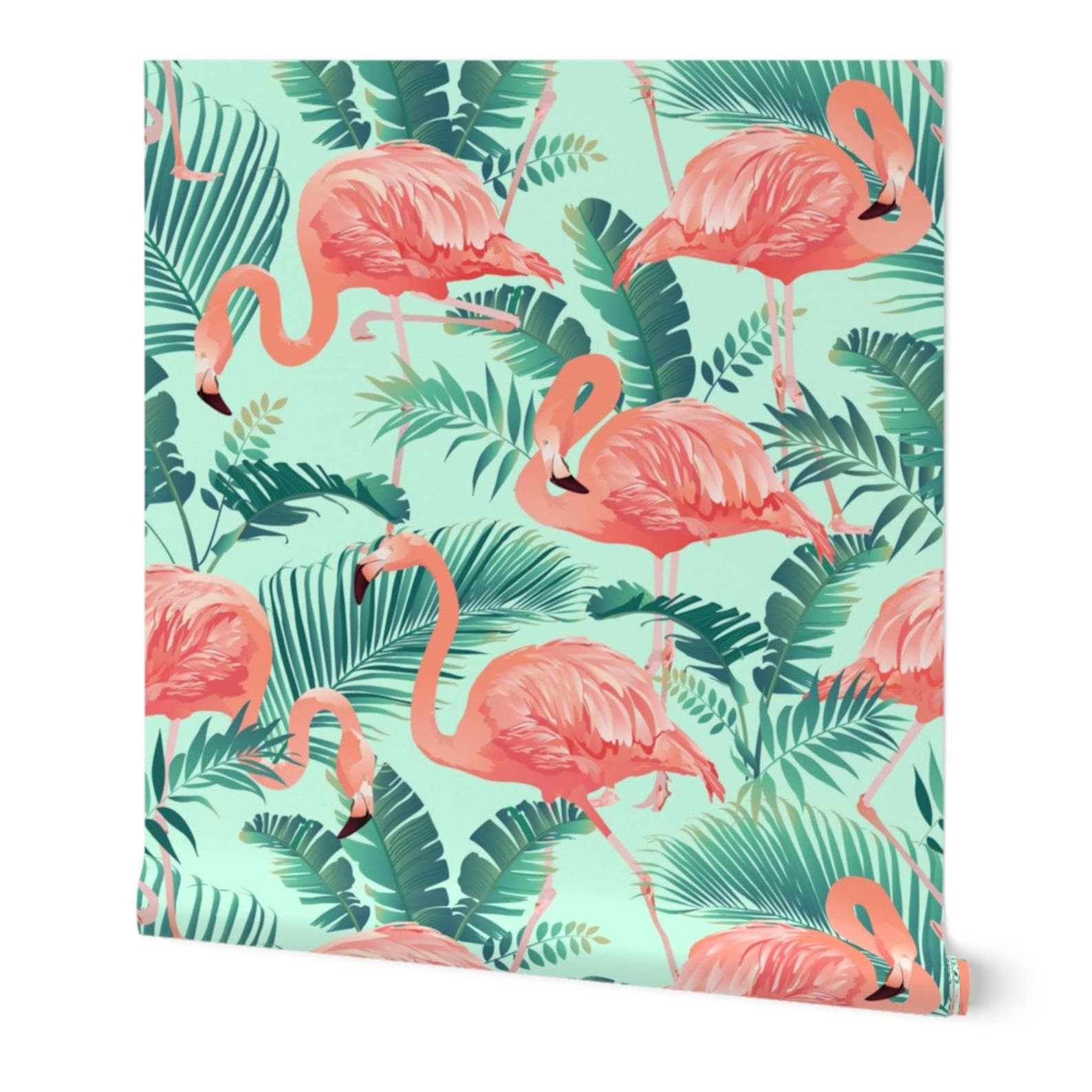 Flamingo Wallpaper Pink Flamingos on Teal Tropical Plants by | Etsy