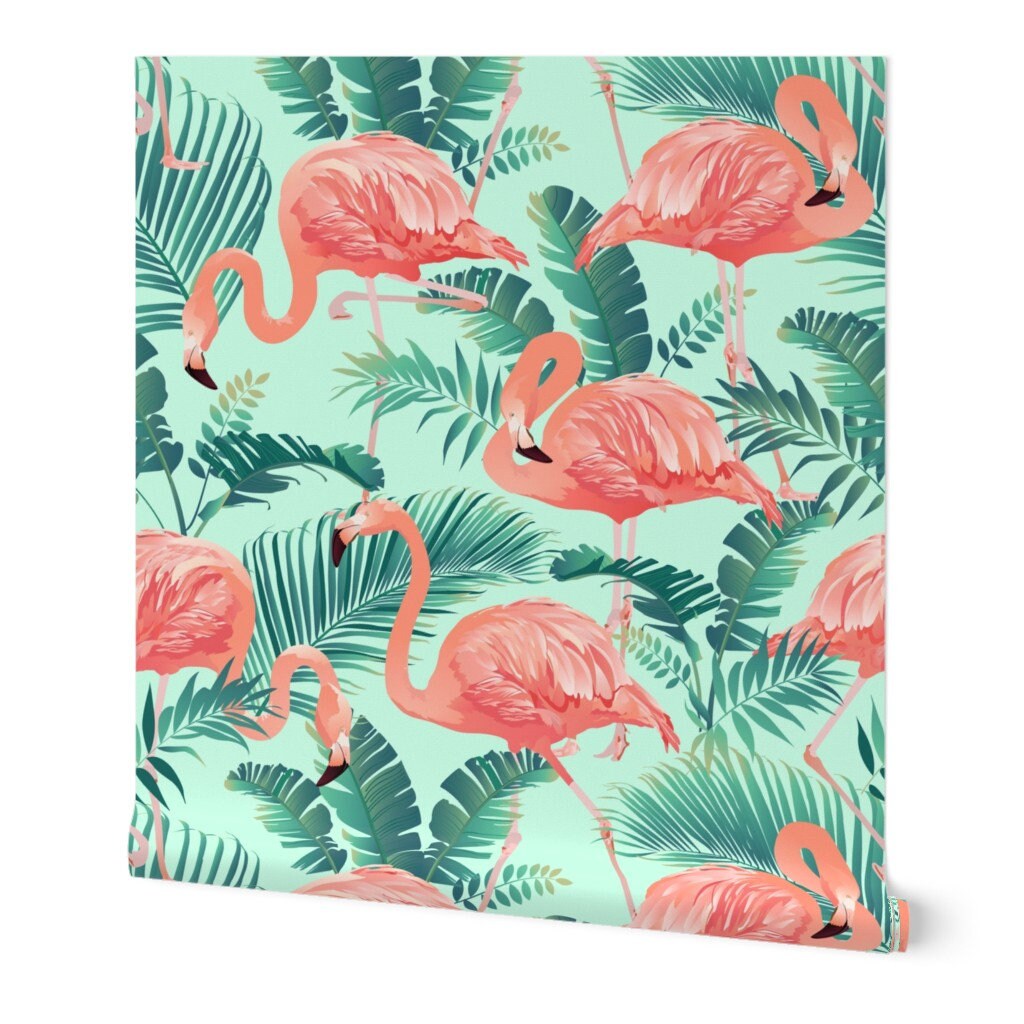 Flamingo Wallpaper Pink Flamingos on Teal Tropical Plants by | Etsy