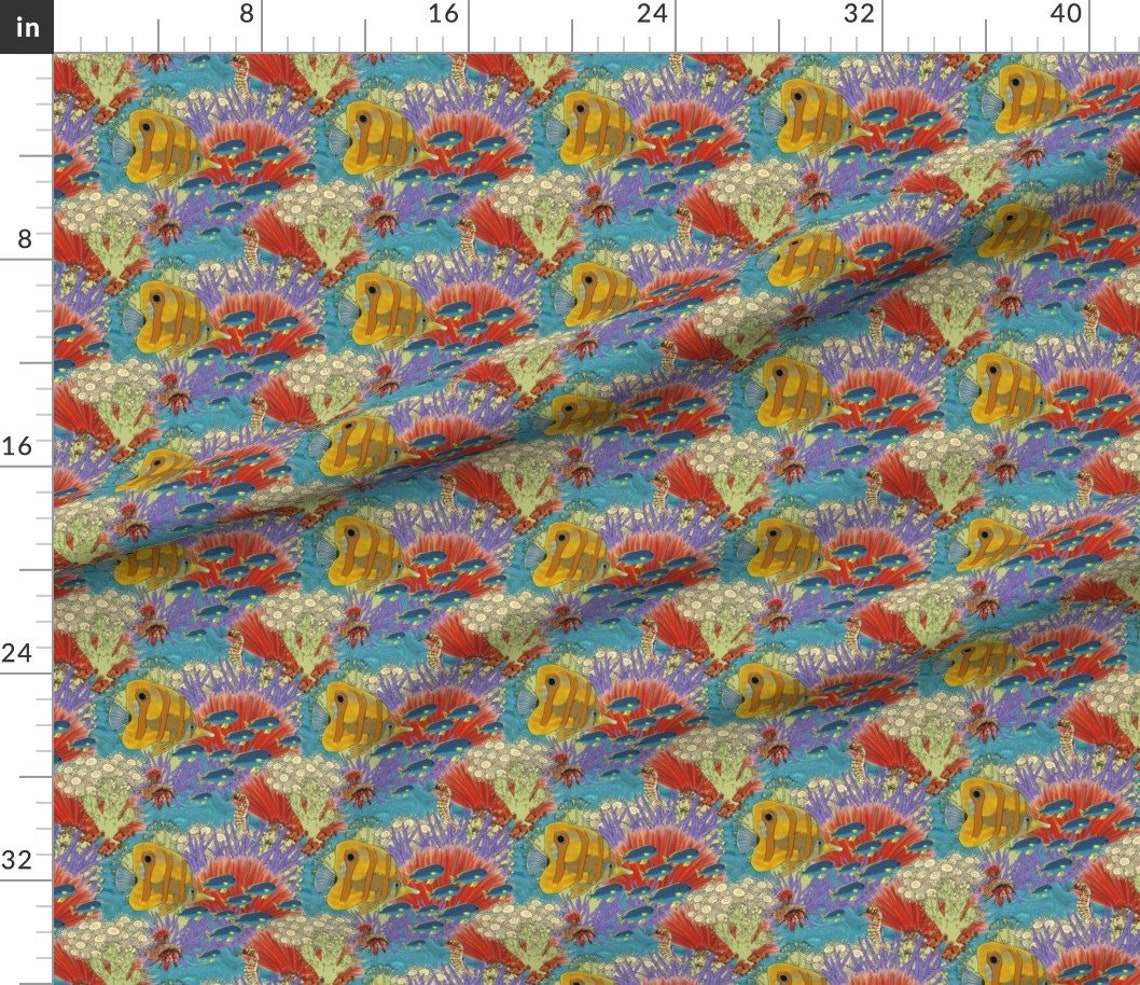Coral Reef Life Fabric Great Barrier Reef by Linsart Fish | Etsy