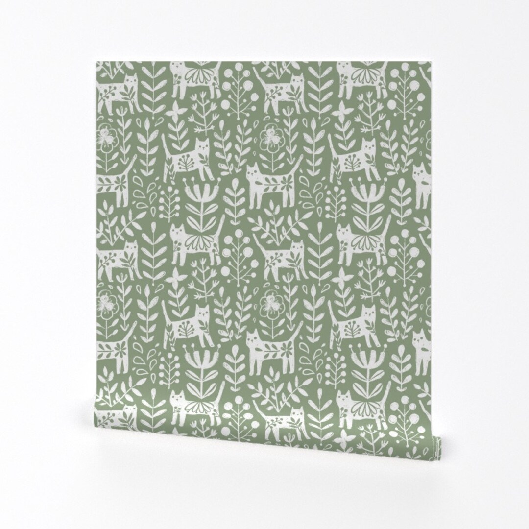 Sage Folk Cats Wallpaper Whimsical Floral Cats by Kostolom3000 Sage ...