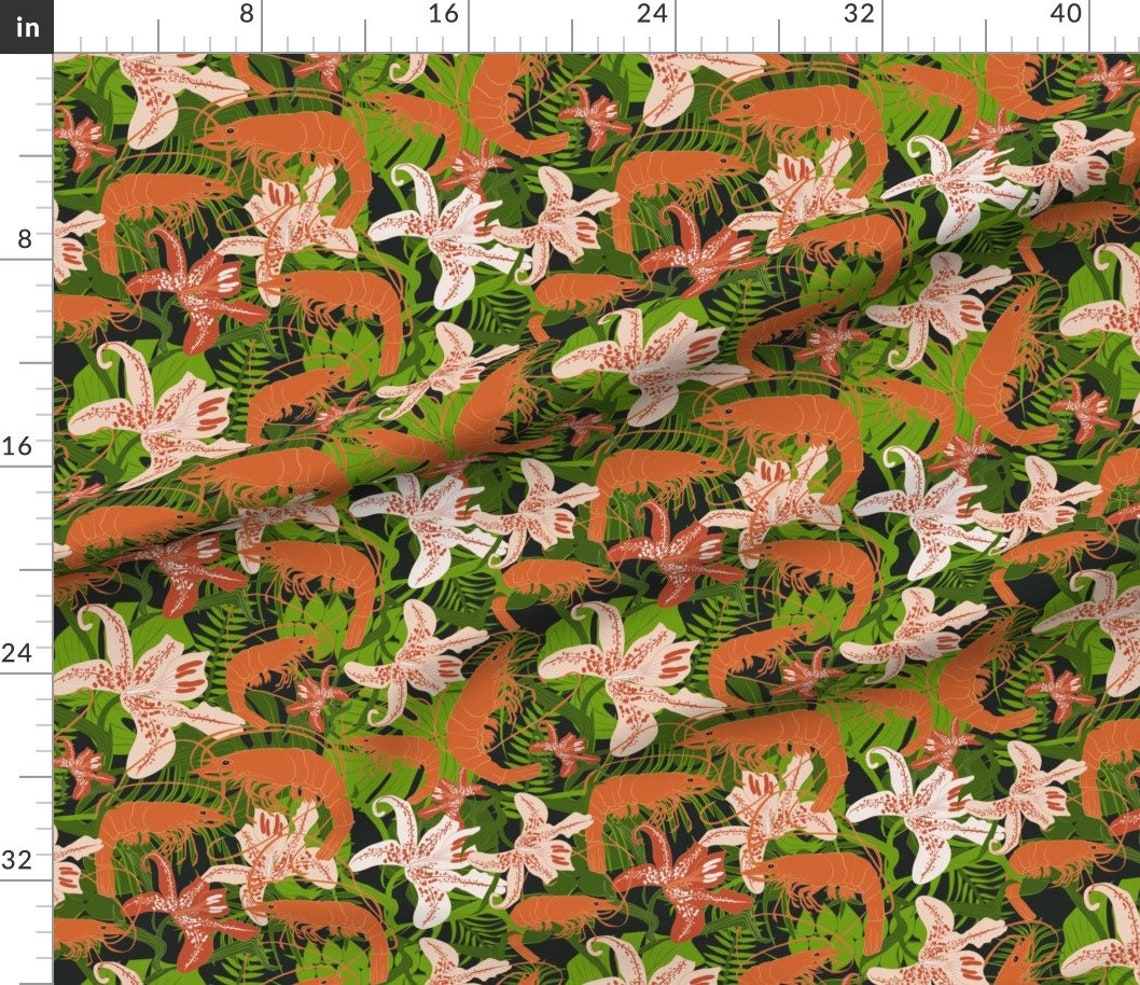 Tropical Shrimp Fabric Shrimp on Black by Kociara Tropical - Etsy