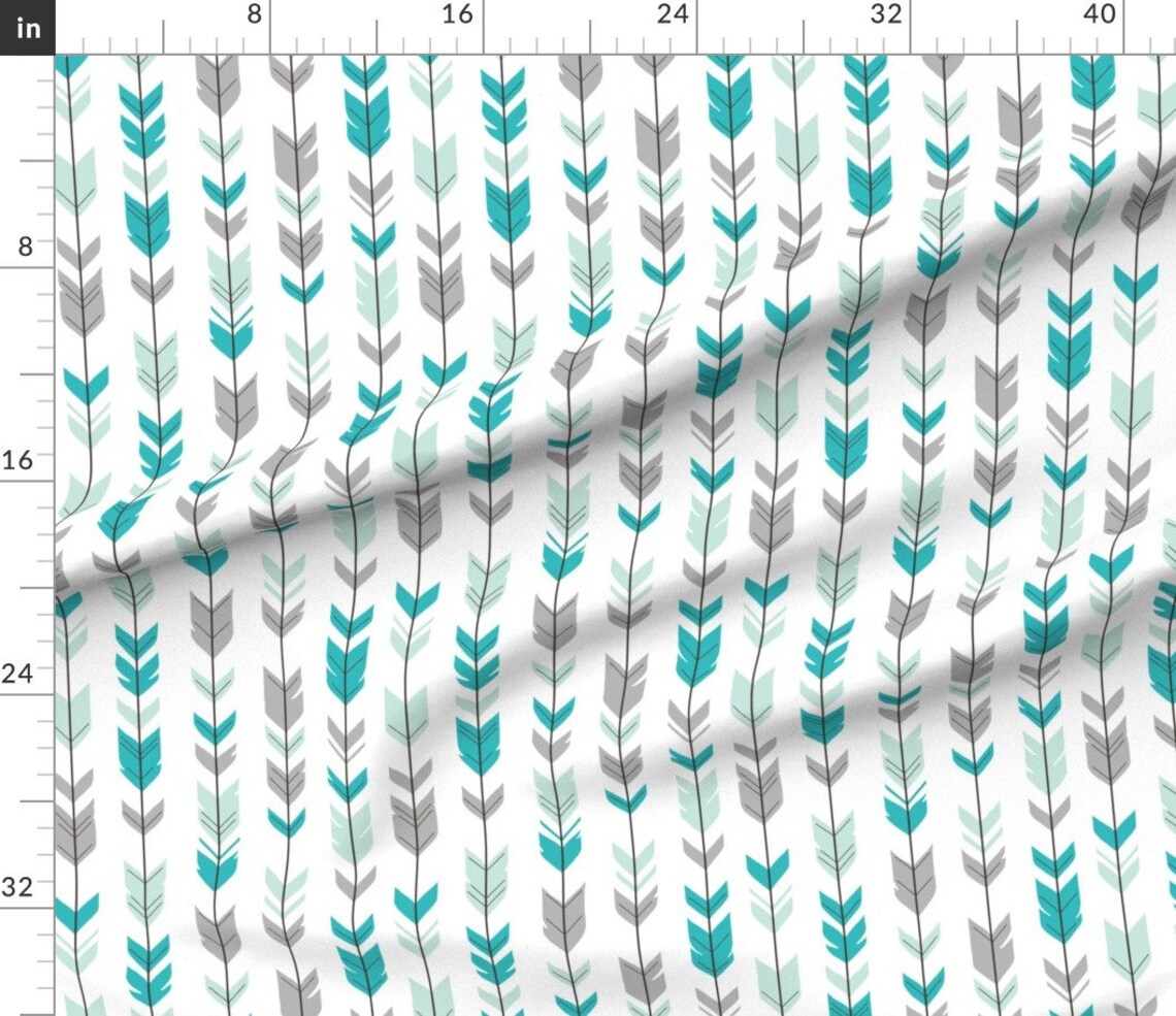Arrows Fabric Arrow Feathers Mint Teal Gray by - Etsy