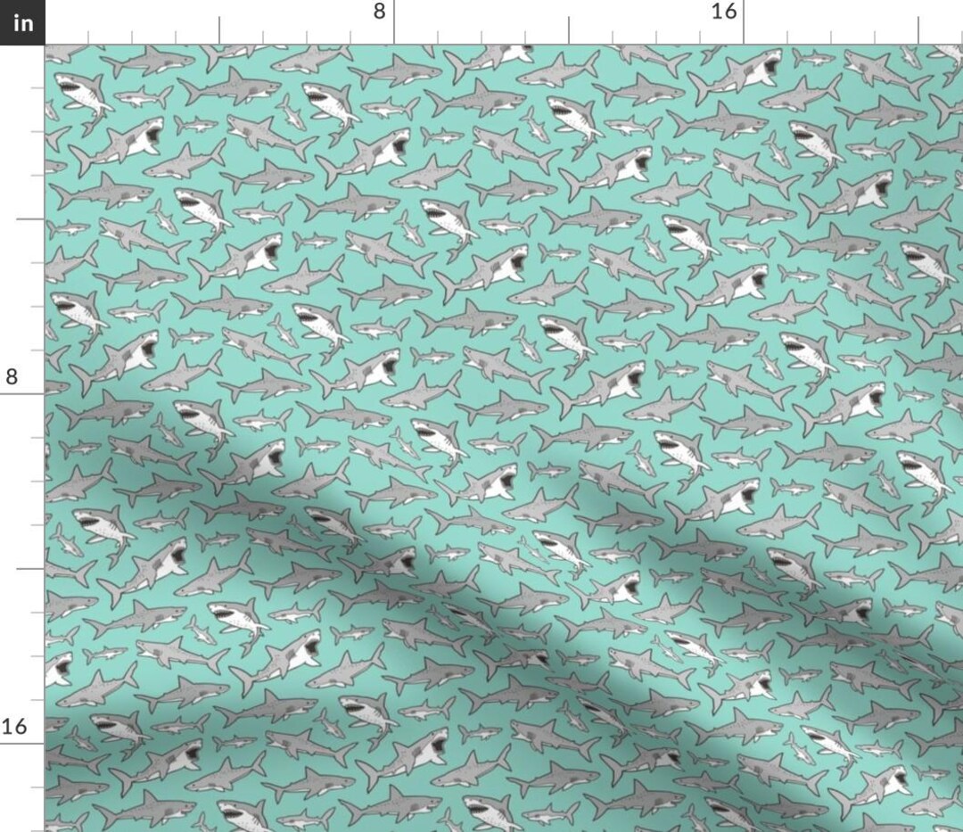 Shark Fabric Sharks on Mint Green Smaller by Caja Design Shark Attack ...