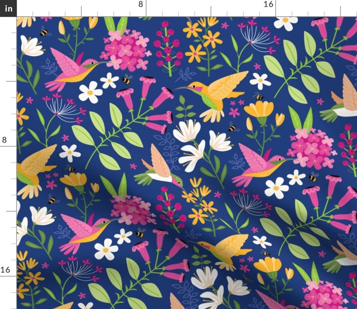 Hummingbird Vibrant Floral Pattern Fabric Hummingbirds by - Etsy