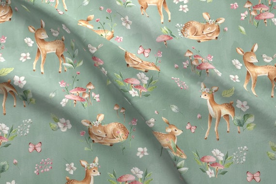 Baby Deer Fabric Large Baby Deer With Flowers Green | Etsy