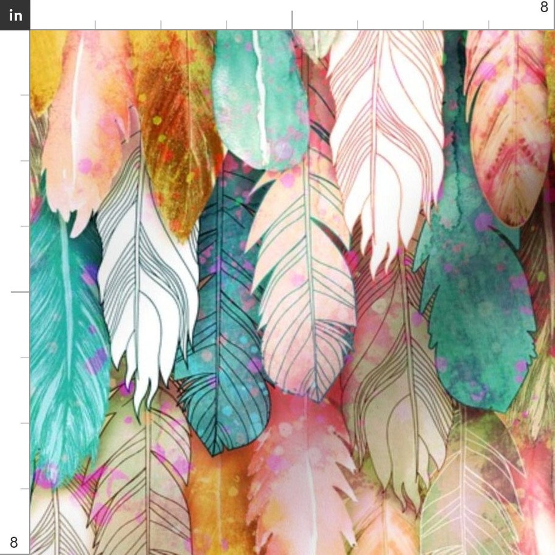 Feathers Pink Blue Watercolor Fabric Flight of Feathers - Etsy