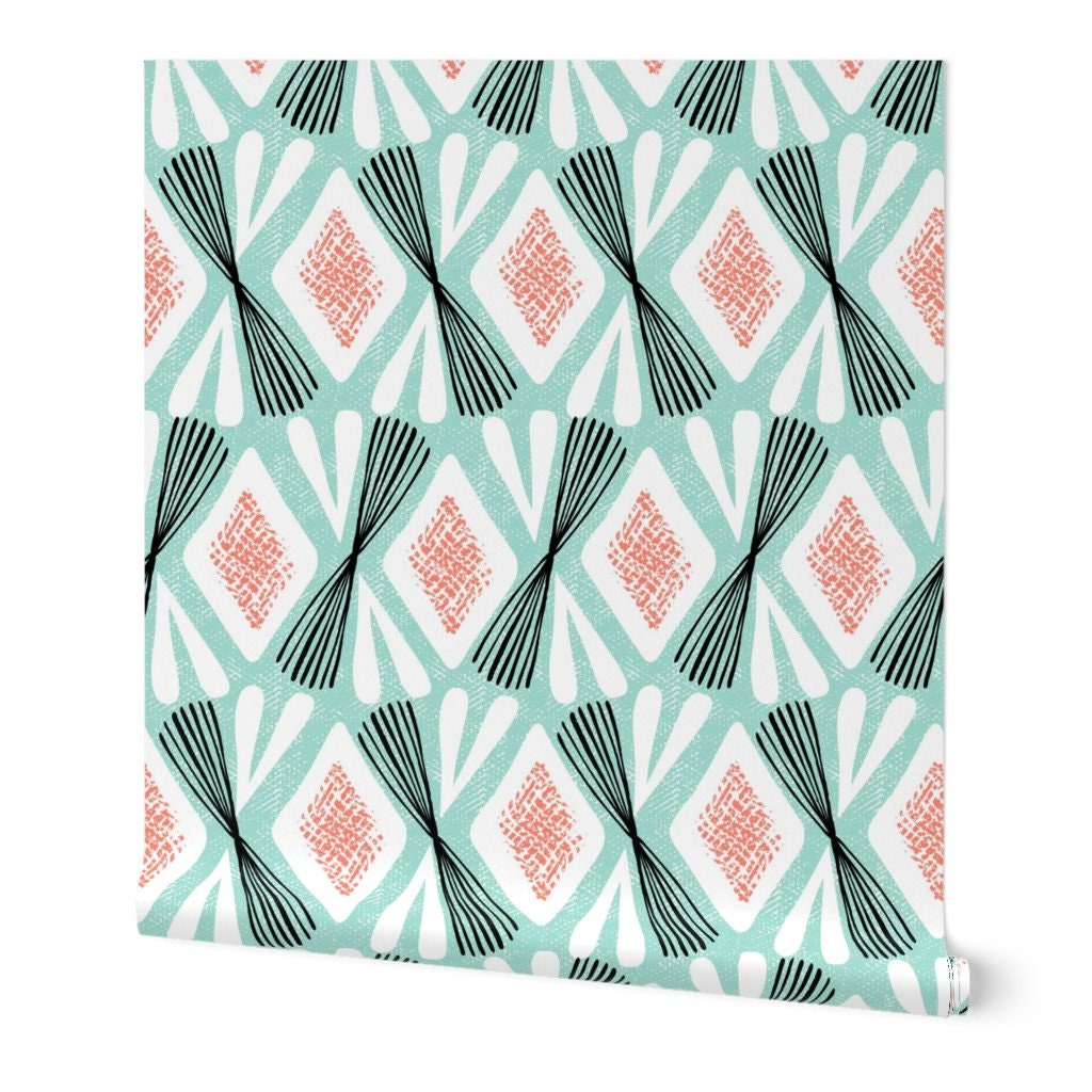 Mid Century Modern Geometric Wallpaper Flutter Mint by | Etsy