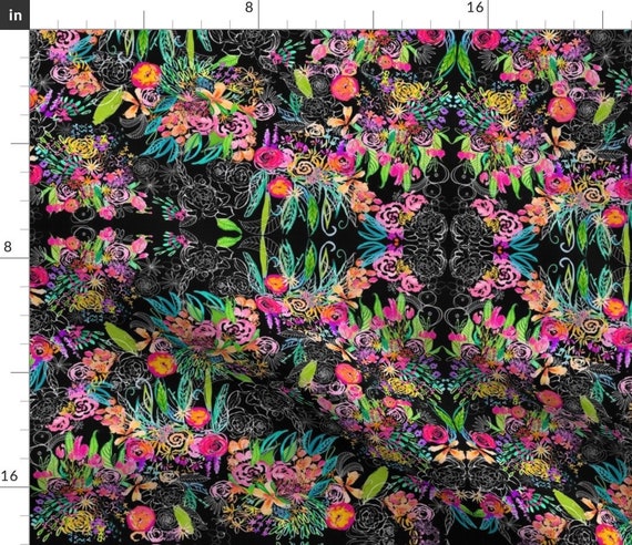 Neon Flowers Fabric Midnight Neon Garden By Theartwerks | Etsy